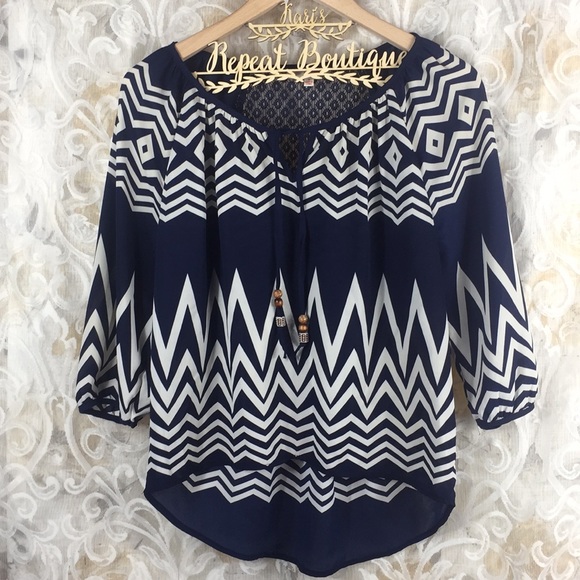 Hollywould | Tops | Hollywould Boho Navy Blue White Chevron Blouse S ...